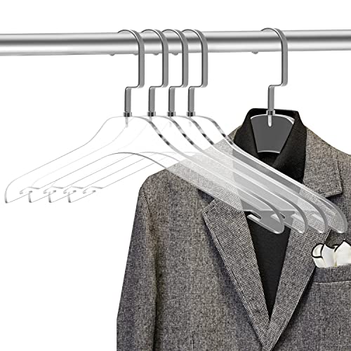 Quality Clear Acrylic Clothing Hangers – 5-Pack, Stylish Clothes Hanger with Silver Hooks - Coat Hanger for Dress, Suit - Closet Organizer Adult Hangers - Space Saving Cloth Hangers (Silver Hook, 5)