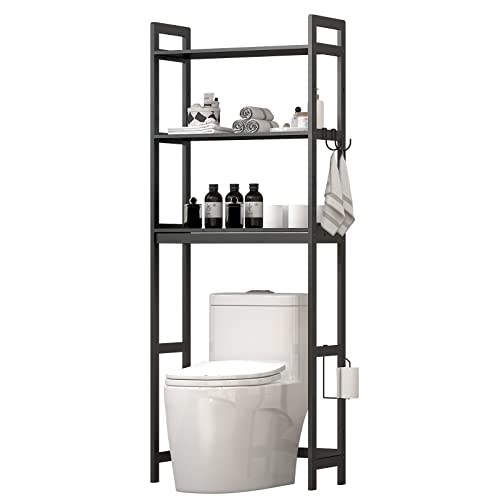 Bonzy Home Over The Toilet Storage, Bamboo 3 Tier Bathroom Organizer Space Saver Bathroom Shelf Freestanding Toilet Stands with Hooks