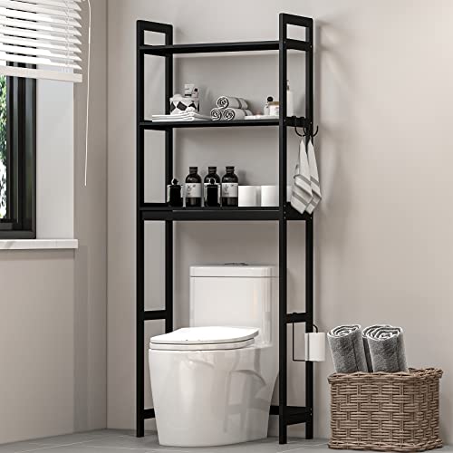 Bonzy Home Over The Toilet Storage, Bamboo 3 Tier Bathroom Organizer Space Saver Bathroom Shelf Freestanding Toilet Stands with Hooks