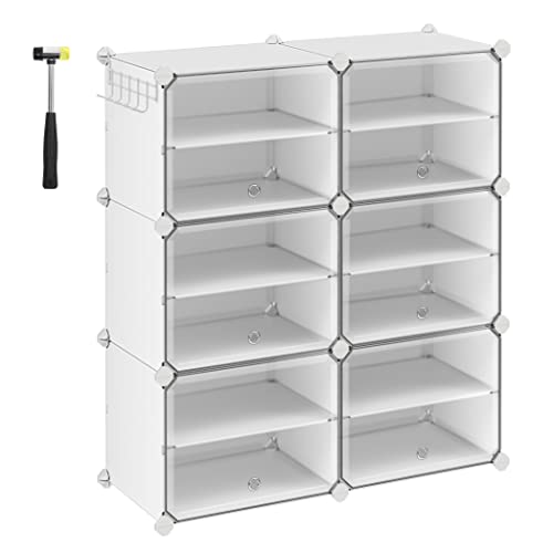 SONGMICS Interlocking Shoe Rack, Plastic Shoe Storage Cabinet, 6-Slot Modular Storage Organizer Unit, 11.8 x 15.7 x 11.8 Inches for Each Slot, with Doors, Steel Frame, Plastic Panel, White ULPC033W01