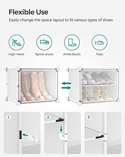 SONGMICS Interlocking Shoe Rack, Plastic Shoe Storage Cabinet, 6-Slot Modular Storage Organizer Unit, 11.8 x 15.7 x 11.8 Inches for Each Slot, with Doors, Steel Frame, Plastic Panel, White ULPC033W01