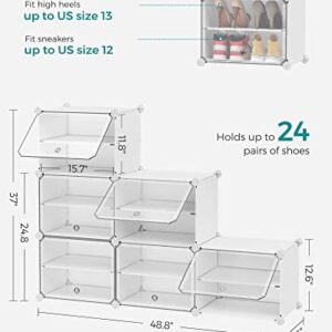 SONGMICS Interlocking Shoe Rack, Plastic Shoe Storage Cabinet, 6-Slot Modular Storage Organizer Unit, 11.8 x 15.7 x 11.8 Inches for Each Slot, with Doors, Steel Frame, Plastic Panel, White ULPC033W01