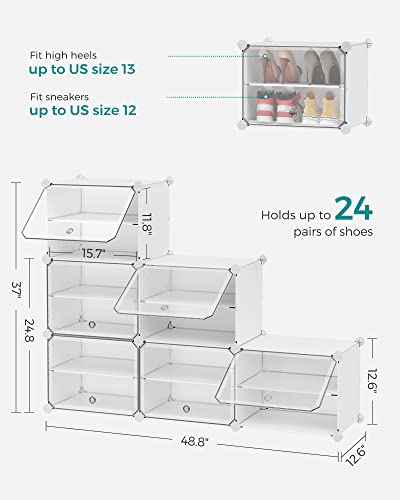 SONGMICS Interlocking Shoe Rack, Plastic Shoe Storage Cabinet, 6-Slot Modular Storage Organizer Unit, 11.8 x 15.7 x 11.8 Inches for Each Slot, with Doors, Steel Frame, Plastic Panel, White ULPC033W01