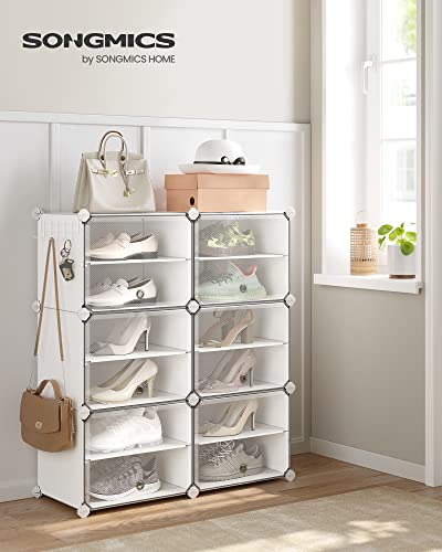 SONGMICS Interlocking Shoe Rack, Plastic Shoe Storage Cabinet, 6-Slot Modular Storage Organizer Unit, 11.8 x 15.7 x 11.8 Inches for Each Slot, with Doors, Steel Frame, Plastic Panel, White ULPC033W01