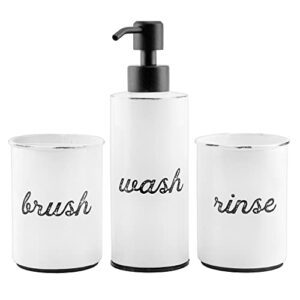 auldhome farmhouse bathroom accessories set (3-piece set, white); enamelware matching soap dispenser, toothbrush holder and rinse cup for sink vanity