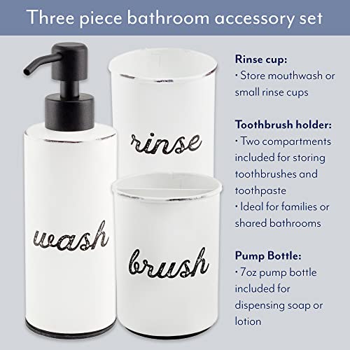 AuldHome Farmhouse Bathroom Accessories Set (3-Piece Set, White); Enamelware Matching Soap Dispenser, Toothbrush Holder and Rinse Cup for Sink Vanity