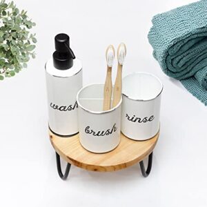 AuldHome Farmhouse Bathroom Accessories Set (3-Piece Set, White); Enamelware Matching Soap Dispenser, Toothbrush Holder and Rinse Cup for Sink Vanity