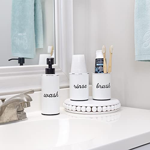 AuldHome Farmhouse Bathroom Accessories Set (3-Piece Set, White); Enamelware Matching Soap Dispenser, Toothbrush Holder and Rinse Cup for Sink Vanity