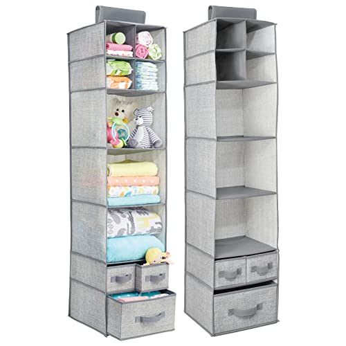 mDesign Soft Fabric Over Closet Rod Hanging Storage Organizer with 7 Shelves and 3 Removable Drawers for Child/Kids Room or Nursery - Textured Print - 2 Pack - Gray