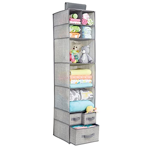 mDesign Soft Fabric Over Closet Rod Hanging Storage Organizer with 7 Shelves and 3 Removable Drawers for Child/Kids Room or Nursery - Textured Print - 2 Pack - Gray