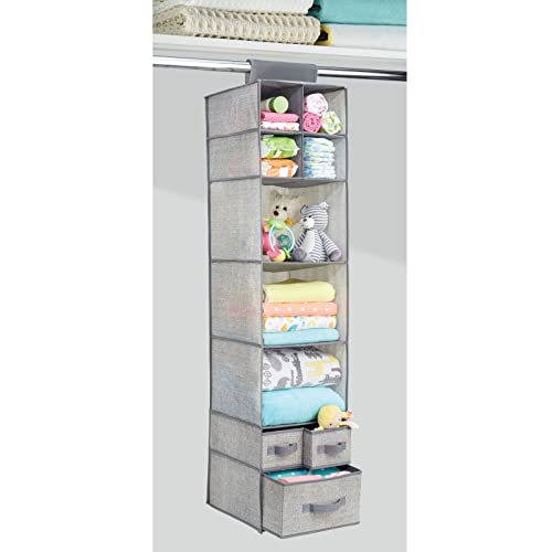 mDesign Soft Fabric Over Closet Rod Hanging Storage Organizer with 7 Shelves and 3 Removable Drawers for Child/Kids Room or Nursery - Textured Print - 2 Pack - Gray