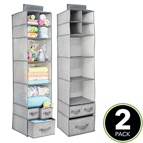 mDesign Soft Fabric Over Closet Rod Hanging Storage Organizer with 7 Shelves and 3 Removable Drawers for Child/Kids Room or Nursery - Textured Print - 2 Pack - Gray