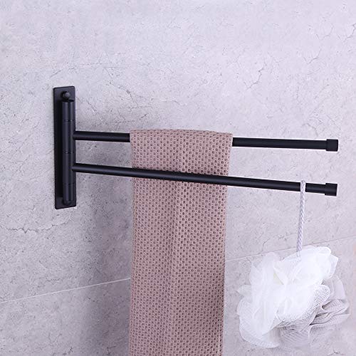 GERZWY Bathroom Swing Arm Towel Bars 2-Arm Wall Mount Stainless Steel Bath Towel Rack Hanger Towel Holder Organizer Matte Black HYG02-BK