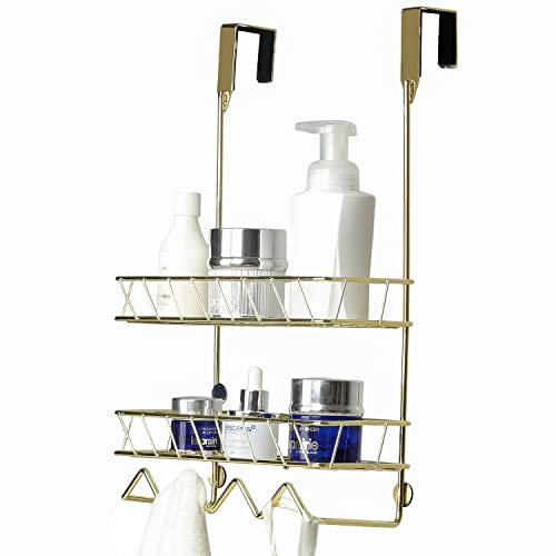 MyGift Brass Metal Wire Over The Door Hanging Bathroom Accessories Organizer Rack, 2 Tier Bath Storage Shelf with 4 Triangular Hooks