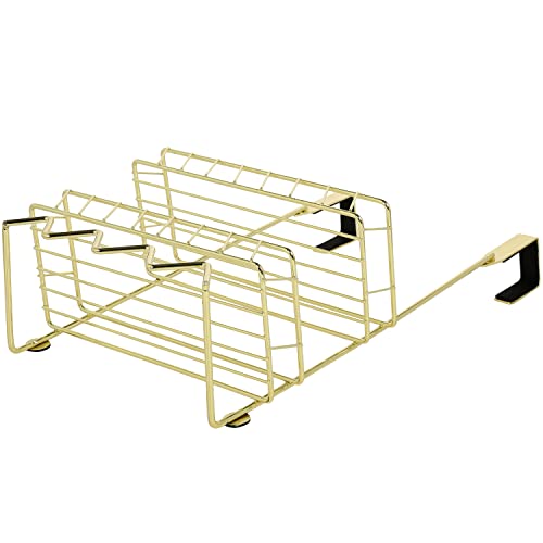 MyGift Brass Metal Wire Over The Door Hanging Bathroom Accessories Organizer Rack, 2 Tier Bath Storage Shelf with 4 Triangular Hooks