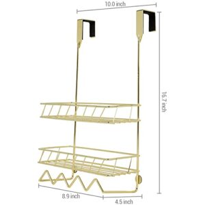 MyGift Brass Metal Wire Over The Door Hanging Bathroom Accessories Organizer Rack, 2 Tier Bath Storage Shelf with 4 Triangular Hooks