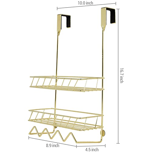 MyGift Brass Metal Wire Over The Door Hanging Bathroom Accessories Organizer Rack, 2 Tier Bath Storage Shelf with 4 Triangular Hooks