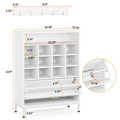 Tribesigns Shoe Cabinet with Coat Rack, Entryway Shoe Storage with Flip Door and 12 Shoe Cubbies, White Shoe Organizer Rack for Narrow Closet, Entryway, Living Room, 20 Pairs