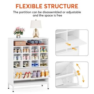 Tribesigns Shoe Cabinet with Coat Rack, Entryway Shoe Storage with Flip Door and 12 Shoe Cubbies, White Shoe Organizer Rack for Narrow Closet, Entryway, Living Room, 20 Pairs