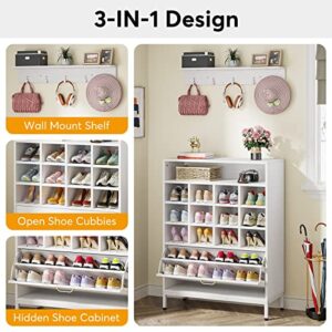 Tribesigns Shoe Cabinet with Coat Rack, Entryway Shoe Storage with Flip Door and 12 Shoe Cubbies, White Shoe Organizer Rack for Narrow Closet, Entryway, Living Room, 20 Pairs