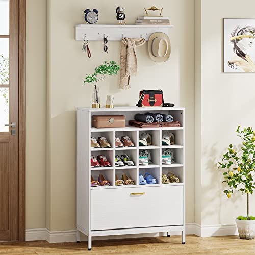 Tribesigns Shoe Cabinet with Coat Rack, Entryway Shoe Storage with Flip Door and 12 Shoe Cubbies, White Shoe Organizer Rack for Narrow Closet, Entryway, Living Room, 20 Pairs