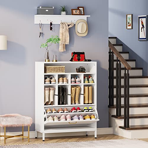 Tribesigns Shoe Cabinet with Coat Rack, Entryway Shoe Storage with Flip Door and 12 Shoe Cubbies, White Shoe Organizer Rack for Narrow Closet, Entryway, Living Room, 20 Pairs