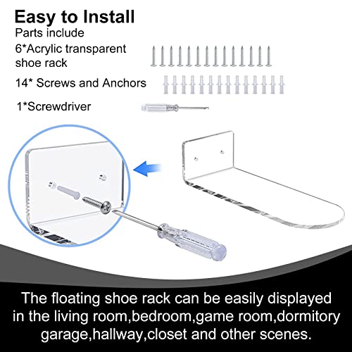 Alitamei Acrylic Floating Shoe Rack (Set of 6) Wall Mount Display Shoe Rack Transparent Storage Rack for Home Use Sneaker Display Rack with Screws and Anchors