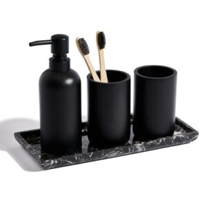 premium 4 pcs matte black bathroom accessories set complete with black marble tray. bathroom soap dispenser set. bathroom decor sets accessories with bathroom tray. bathroom sets accessories (black)