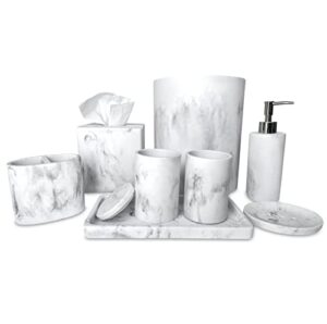 8 pcs white marble resin bathroom accessory set, modern marble bathroom set - bathroom soap dispenser and toothbrush holder set, tumbler, soap dish, cotton jar, amenity tray, tissue box & waste basket