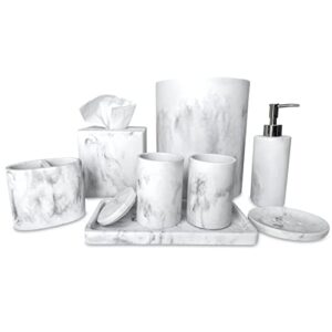 8 PCS White Marble Resin Bathroom Accessory Set, Modern Marble Bathroom Set - Bathroom Soap Dispenser and Toothbrush Holder Set, Tumbler, Soap Dish, Cotton Jar, Amenity Tray, Tissue Box & Waste Basket