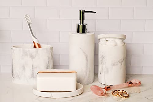 8 PCS White Marble Resin Bathroom Accessory Set, Modern Marble Bathroom Set - Bathroom Soap Dispenser and Toothbrush Holder Set, Tumbler, Soap Dish, Cotton Jar, Amenity Tray, Tissue Box & Waste Basket