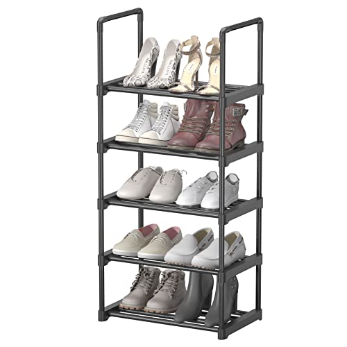 5 Tiers Small Shoe Rack, Shoe Stand Shelf, Vertical Stackable Narrow Metal Shoe Rack Storage Organizer for Closet , Entryway, Small Spaces, Corner, Shoe Tower Up To 10 Pairs Black with Handrail