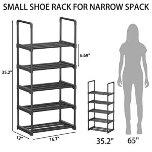 5 Tiers Small Shoe Rack, Shoe Stand Shelf, Vertical Stackable Narrow Metal Shoe Rack Storage Organizer for Closet , Entryway, Small Spaces, Corner, Shoe Tower Up To 10 Pairs Black with Handrail