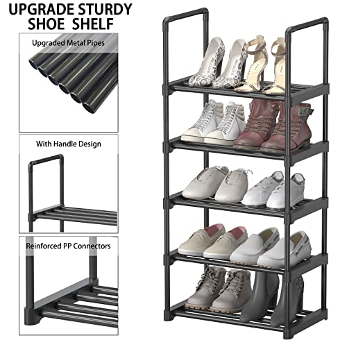 5 Tiers Small Shoe Rack, Shoe Stand Shelf, Vertical Stackable Narrow Metal Shoe Rack Storage Organizer for Closet , Entryway, Small Spaces, Corner, Shoe Tower Up To 10 Pairs Black with Handrail