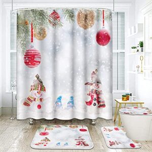 emvency 4pcs christmas snowman shower curtain sets with non-slip rugs toilet lid cover and bath mat,celebration theme xmas balls pendant waterproof curtain for shower window decor 72" x 72"