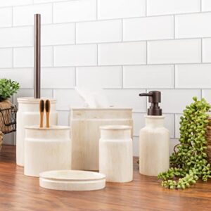 Rustic Luxe Farmhouse Bathroom Accessories Set - 4 Piece Beige Bathroom Accessory Set - Includes Hand Soap Dispenser, Toothbrush Holder, Soap Dish & Tumbler - for Elegant Rustic Bathroom Decor