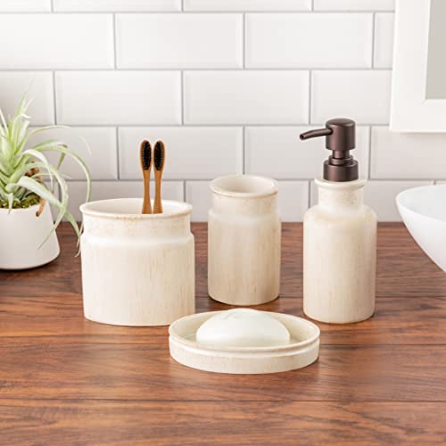 Rustic Luxe Farmhouse Bathroom Accessories Set - 4 Piece Beige Bathroom Accessory Set - Includes Hand Soap Dispenser, Toothbrush Holder, Soap Dish & Tumbler - for Elegant Rustic Bathroom Decor