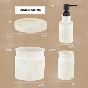 Rustic Luxe Farmhouse Bathroom Accessories Set - 4 Piece Beige Bathroom Accessory Set - Includes Hand Soap Dispenser, Toothbrush Holder, Soap Dish & Tumbler - for Elegant Rustic Bathroom Decor