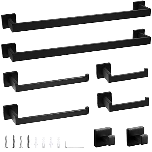 Sieral 8 Pcs Bathroom Hardware Accessories Set 24'' Towel Bar Stainless Steel Toilet Paper Holder and Hook, Wall Mounted Matte Black