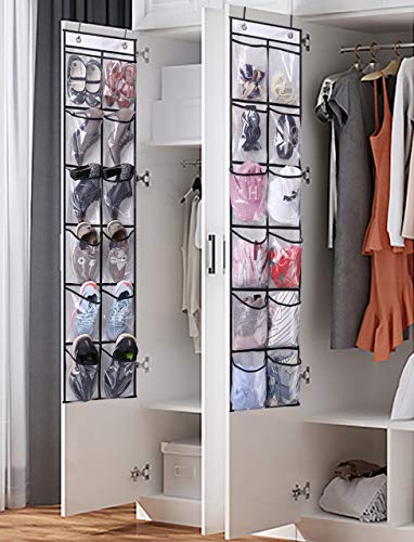 MISSLO Over The Narrow Door Shoe Organizer with 12 Crystal Pockets Hanging Closet Door (2 Packs, White)