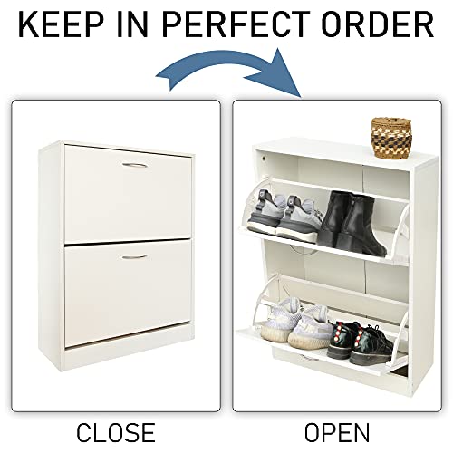 KD ModySimble Tipping White Shoe Cabinet 2-Drawer Horizontal Shoe Rack Storage Organizer Wooden Shoe Cabinet