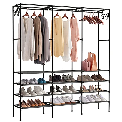 Kertnic 4-Tier Shoe Rack Storage Organizer for Entryway, Free Standing Black Shoes Rack and Boots Racks, Versatile Shoe Shelf Stand with Coat Hanging Garment Rack for Bedroom