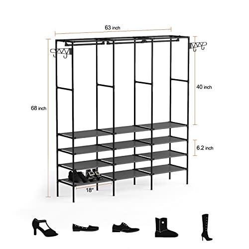 Kertnic 4-Tier Shoe Rack Storage Organizer for Entryway, Free Standing Black Shoes Rack and Boots Racks, Versatile Shoe Shelf Stand with Coat Hanging Garment Rack for Bedroom