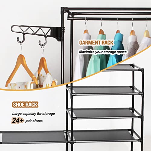 Kertnic 4-Tier Shoe Rack Storage Organizer for Entryway, Free Standing Black Shoes Rack and Boots Racks, Versatile Shoe Shelf Stand with Coat Hanging Garment Rack for Bedroom