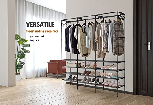 Kertnic 4-Tier Shoe Rack Storage Organizer for Entryway, Free Standing Black Shoes Rack and Boots Racks, Versatile Shoe Shelf Stand with Coat Hanging Garment Rack for Bedroom