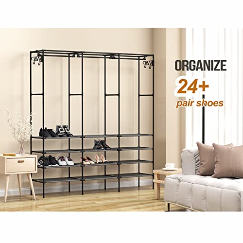 Kertnic 4-Tier Shoe Rack Storage Organizer for Entryway, Free Standing Black Shoes Rack and Boots Racks, Versatile Shoe Shelf Stand with Coat Hanging Garment Rack for Bedroom