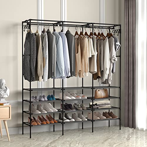 Kertnic 4-Tier Shoe Rack Storage Organizer for Entryway, Free Standing Black Shoes Rack and Boots Racks, Versatile Shoe Shelf Stand with Coat Hanging Garment Rack for Bedroom