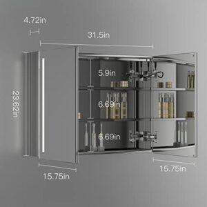 Medicine Cabinet with Lights, LED Medicine Cabinet for Bathroom with Defogger, Dimmer, Memory Function, 2 Doors, 31”x24” Lighted Medicine Cabinet, Surface Mount, Stainless Steel