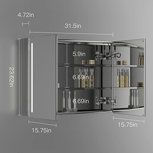 Medicine Cabinet with Lights, LED Medicine Cabinet for Bathroom with Defogger, Dimmer, Memory Function, 2 Doors, 31”x24” Lighted Medicine Cabinet, Surface Mount, Stainless Steel