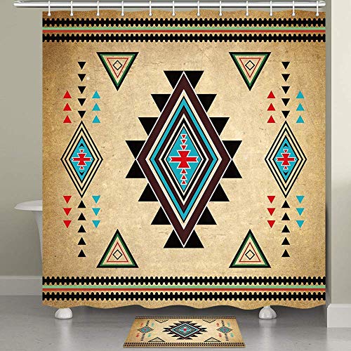 JAWO Southwestern Shower Curtain and Mat Southwest Native American Retro Tribal Navajo Aztec Ethnic Pattern Polyester Fabric Bathroom Curtains Set with Flannel Non-Slip Floor Doormat Bath Rugs